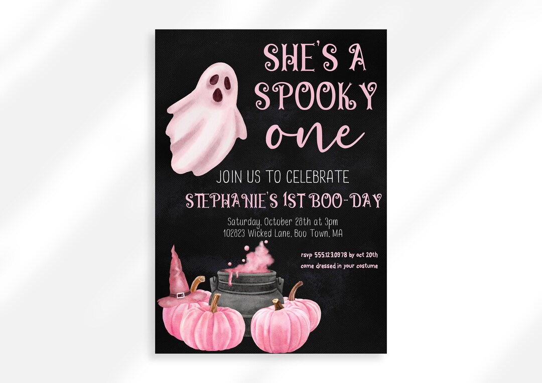 Editable Halloween Pink Ghost Birthday Invitation 1st Birthday ...