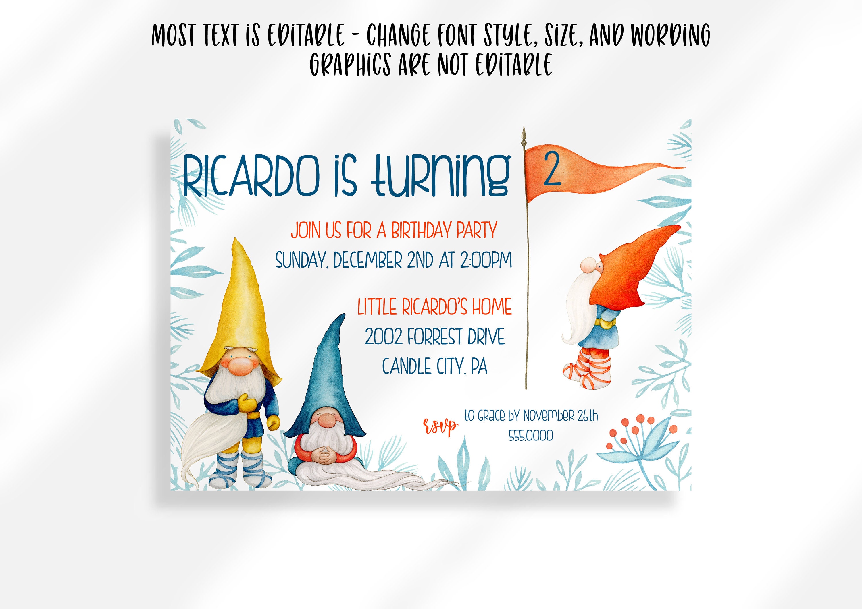 Editable Gnome Birthday Invitation for Instant Digital Download ...