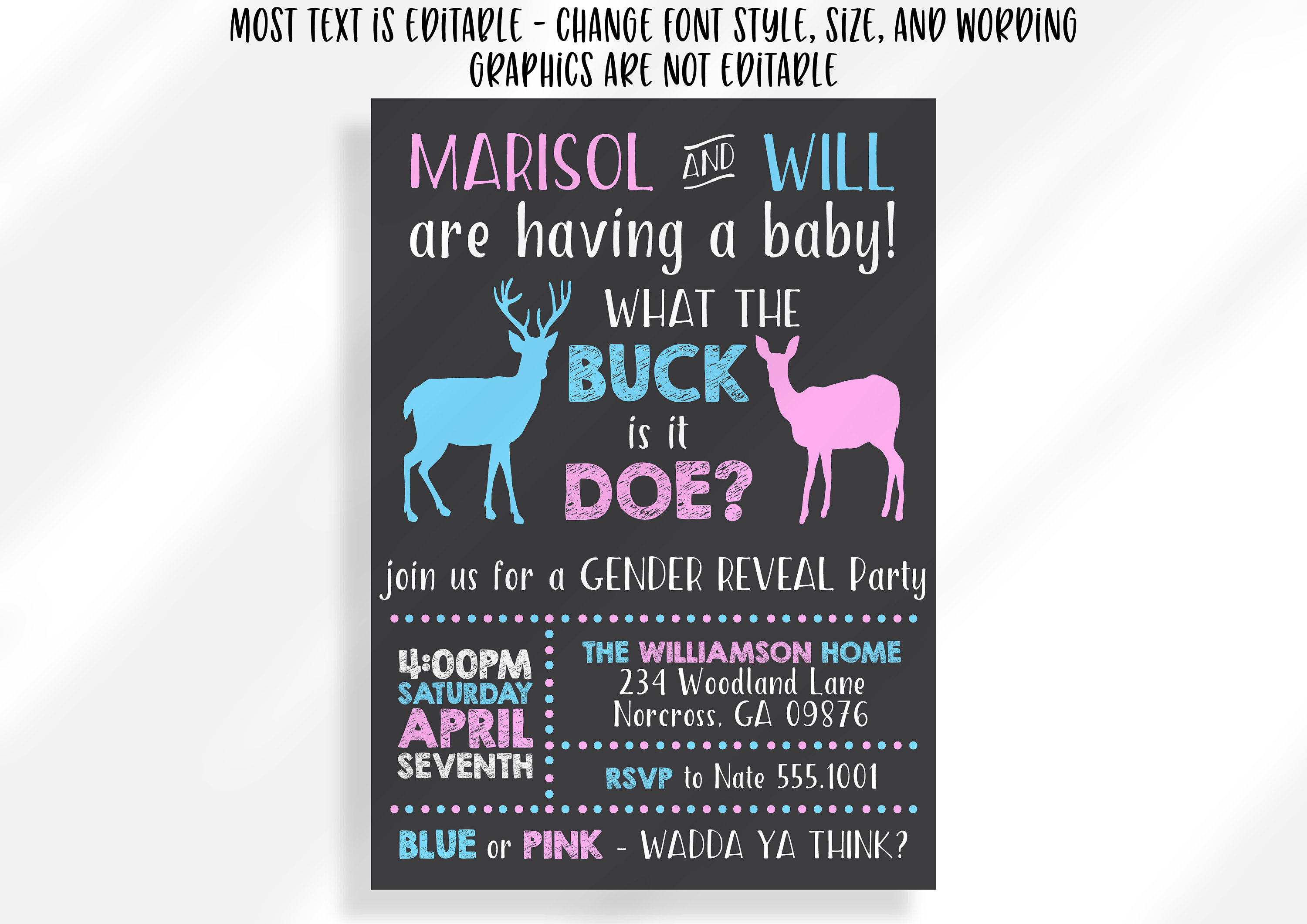 Editable Buck or Doe Gender Reveal Invitation | Pink or Blue Reveal ...