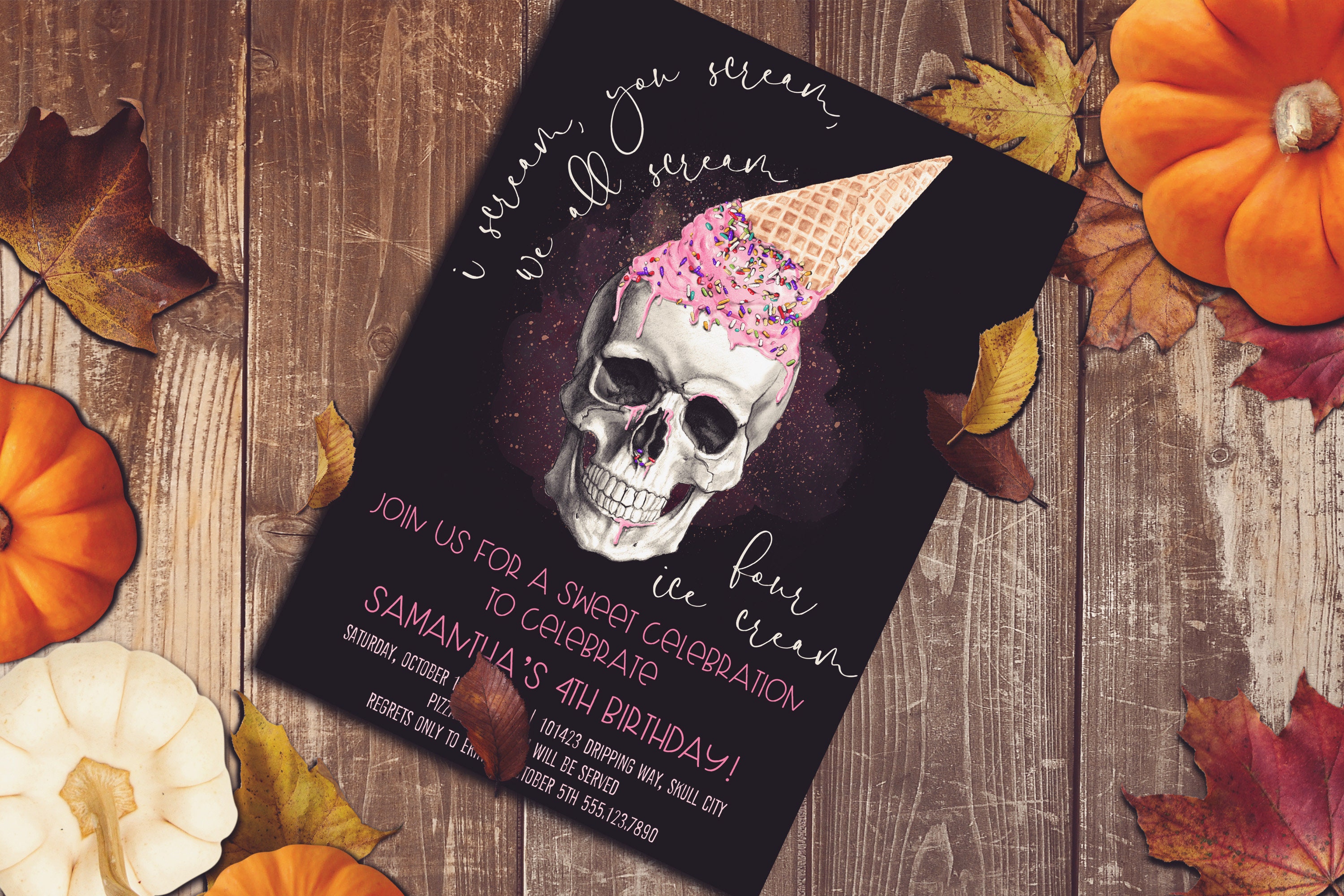 Editable Halloween Ice Cream Birthday Invitation | Pink Fourth Birthday ...