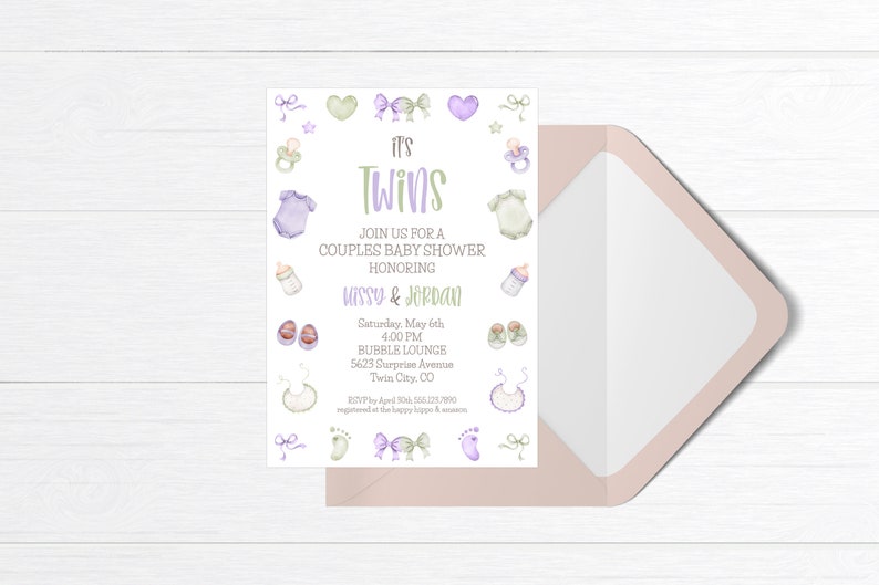 Editable Gender Neutral Twins Baby Shower Invitation Boy Girl Twin Baby ...
