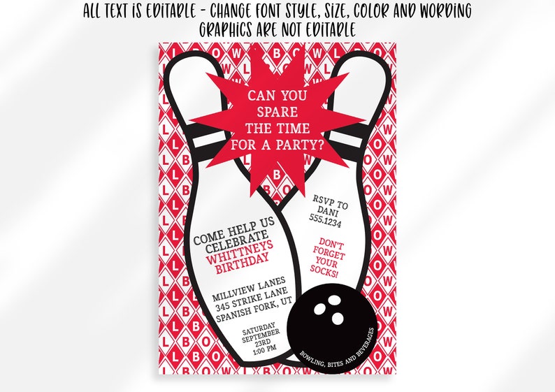 Editable Retro Bowling Invitation | Bowling Birthday Invitation Girl ...