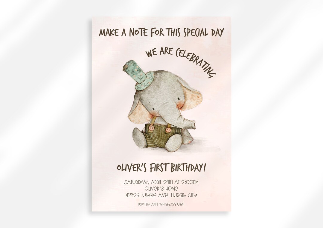 Editable Elephant Birthday Invite | First Birthday Invitation ...
