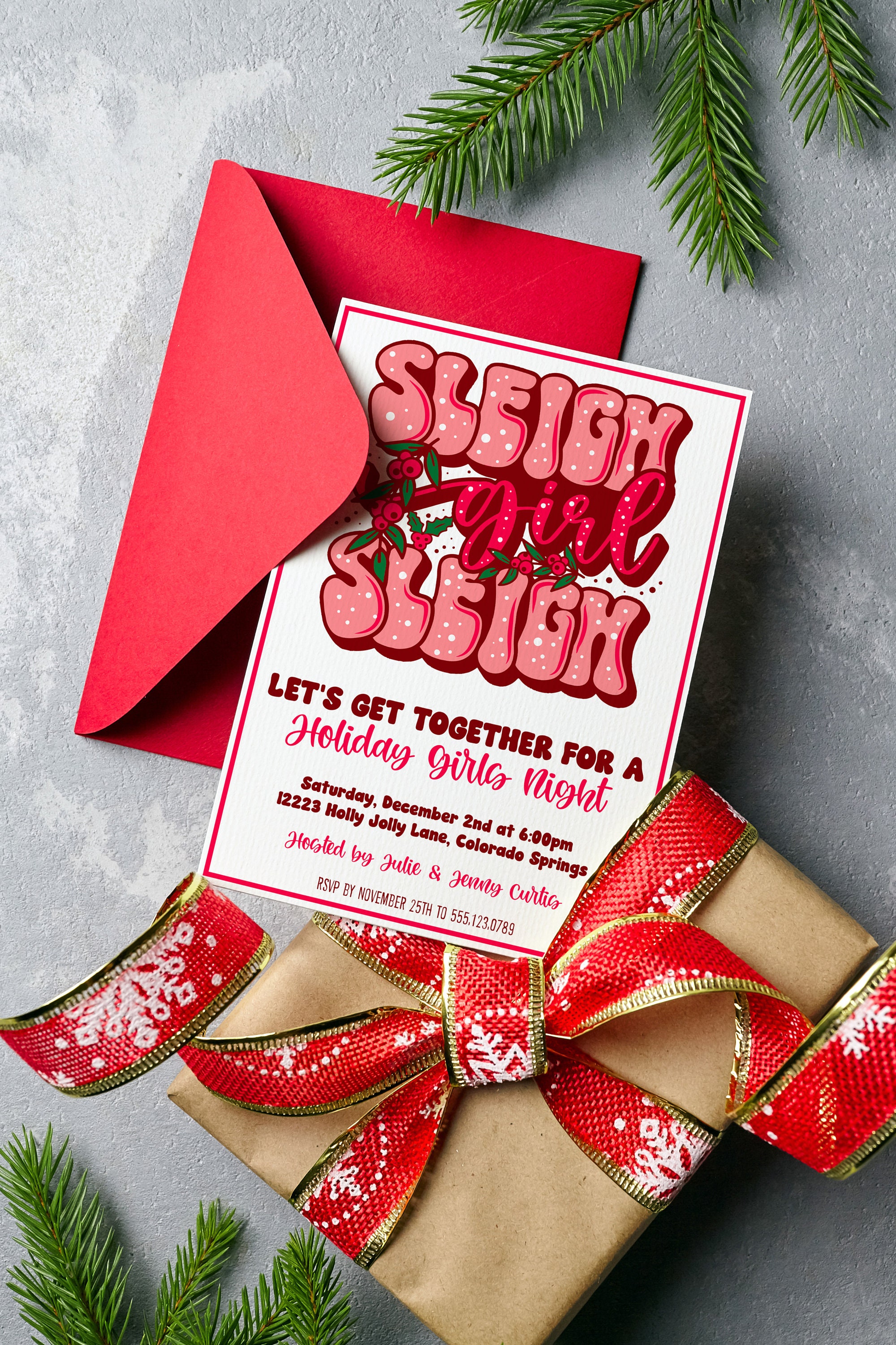Editable Sleigh Girls Sleigh Christmas Invitation | Retro Christmas ...