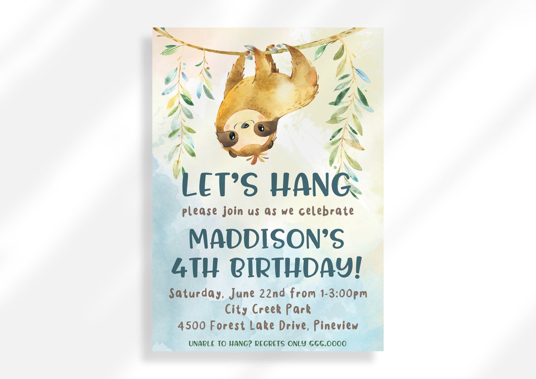 Editable Sloth Birthday Invitation for Instant Digital Download ...
