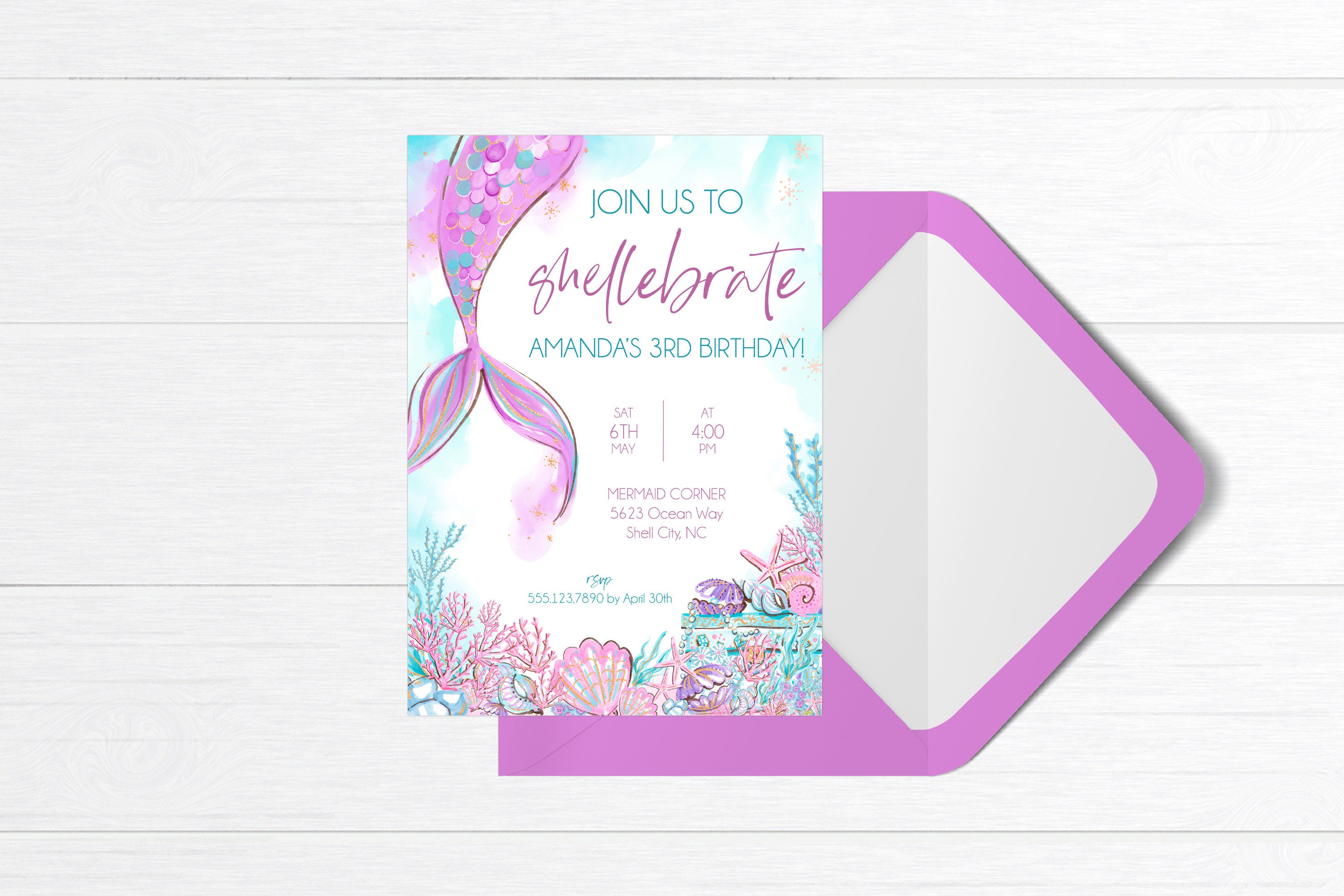 Editable Shellebrate Birthday Invitation | Purple Mermaid Invitation ...