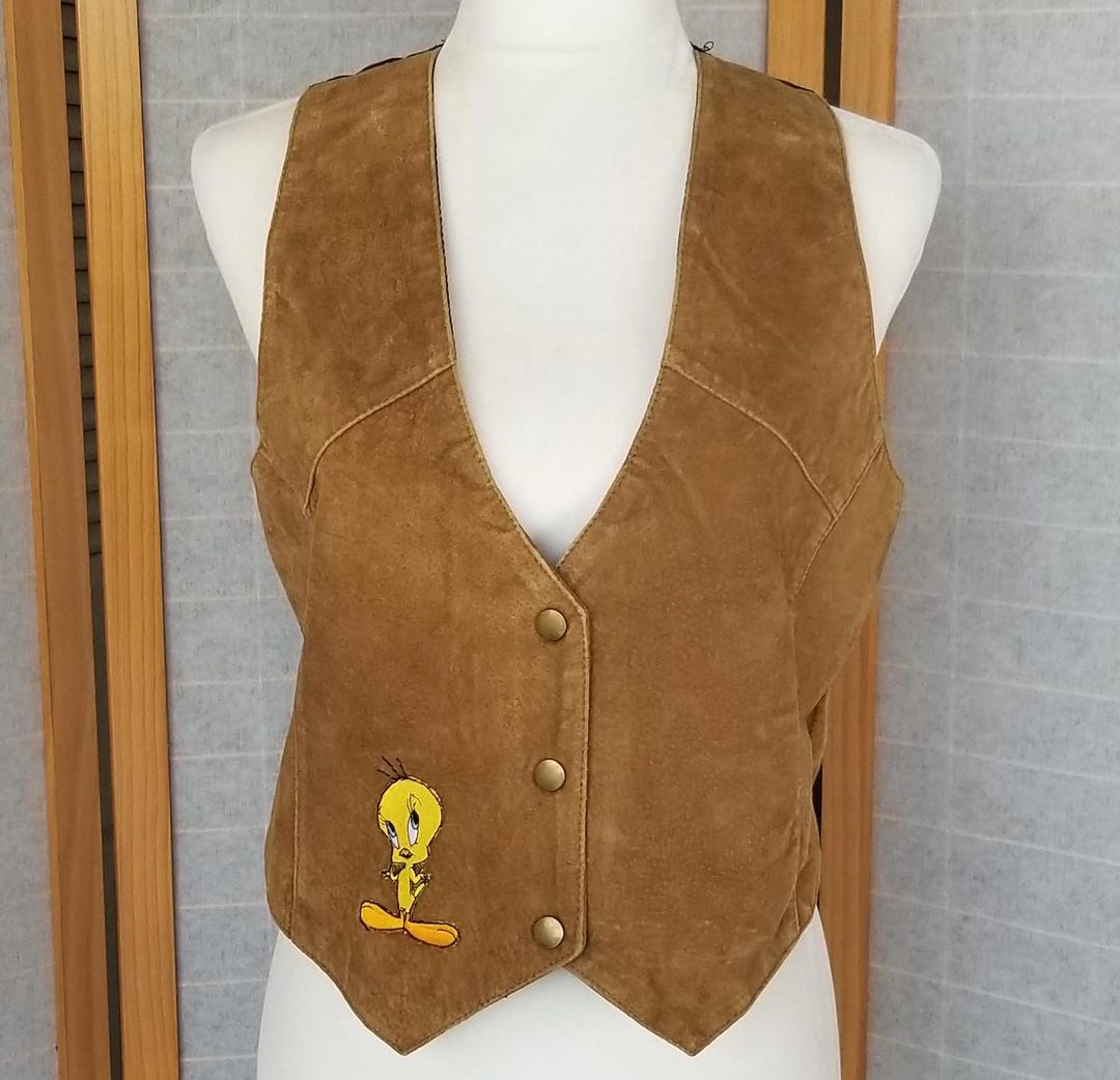 Vintage Tweety Bird Leather Suede Vest Snap Front Tan Looney Tunes With ...