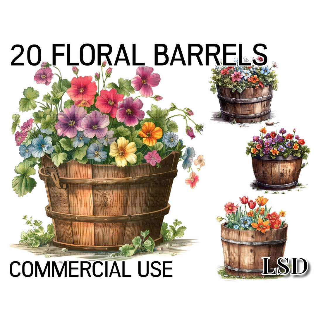 20 Watercolour Floral Barrels, Clipart Bundle-vintage Rustic Flower ...
