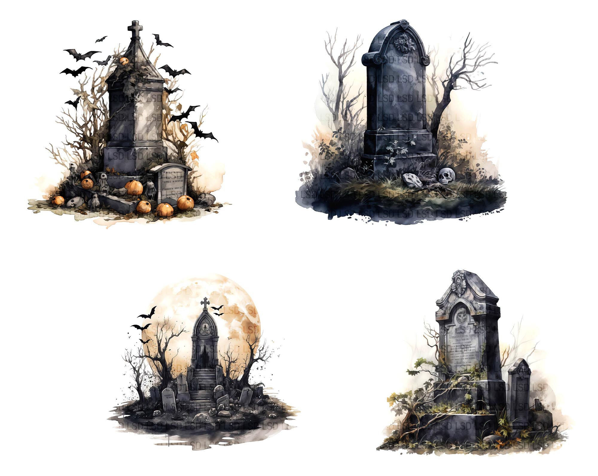 20 Spooky Halloween Tombstones Clipart Pack Watercolour - Etsy
