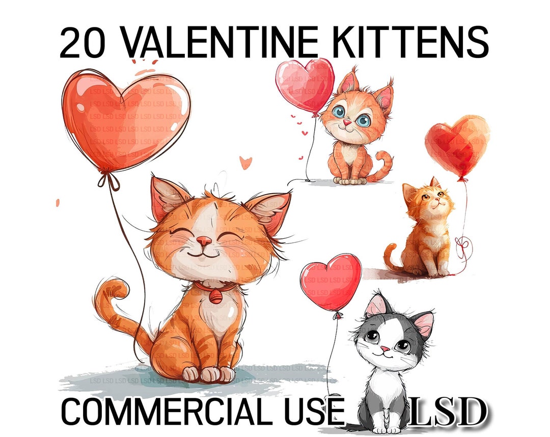 20 Cute Valentine Kittens, Heart Cat Clipart Images Bundle, Nursery ...