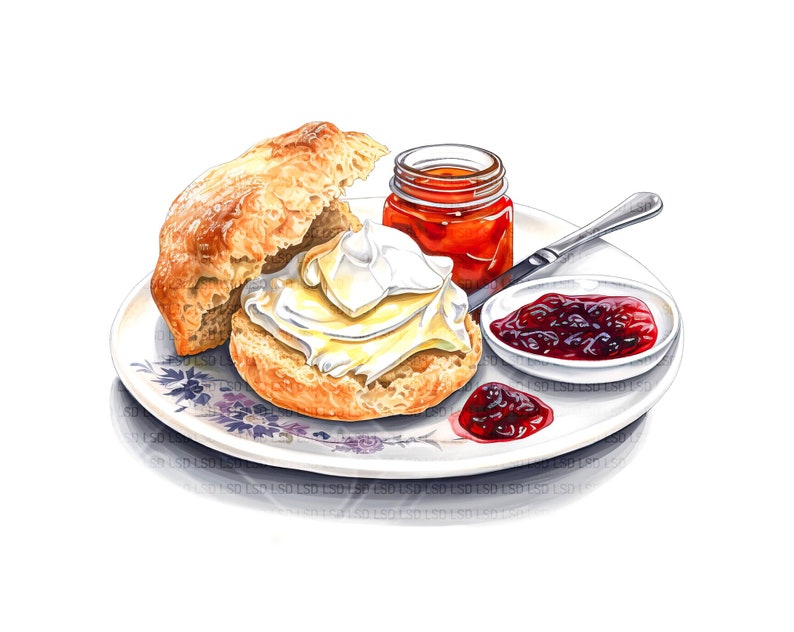 20 Scones and Cream Clipart Pack-watercolour Scones Cream & Jam JPG ...
