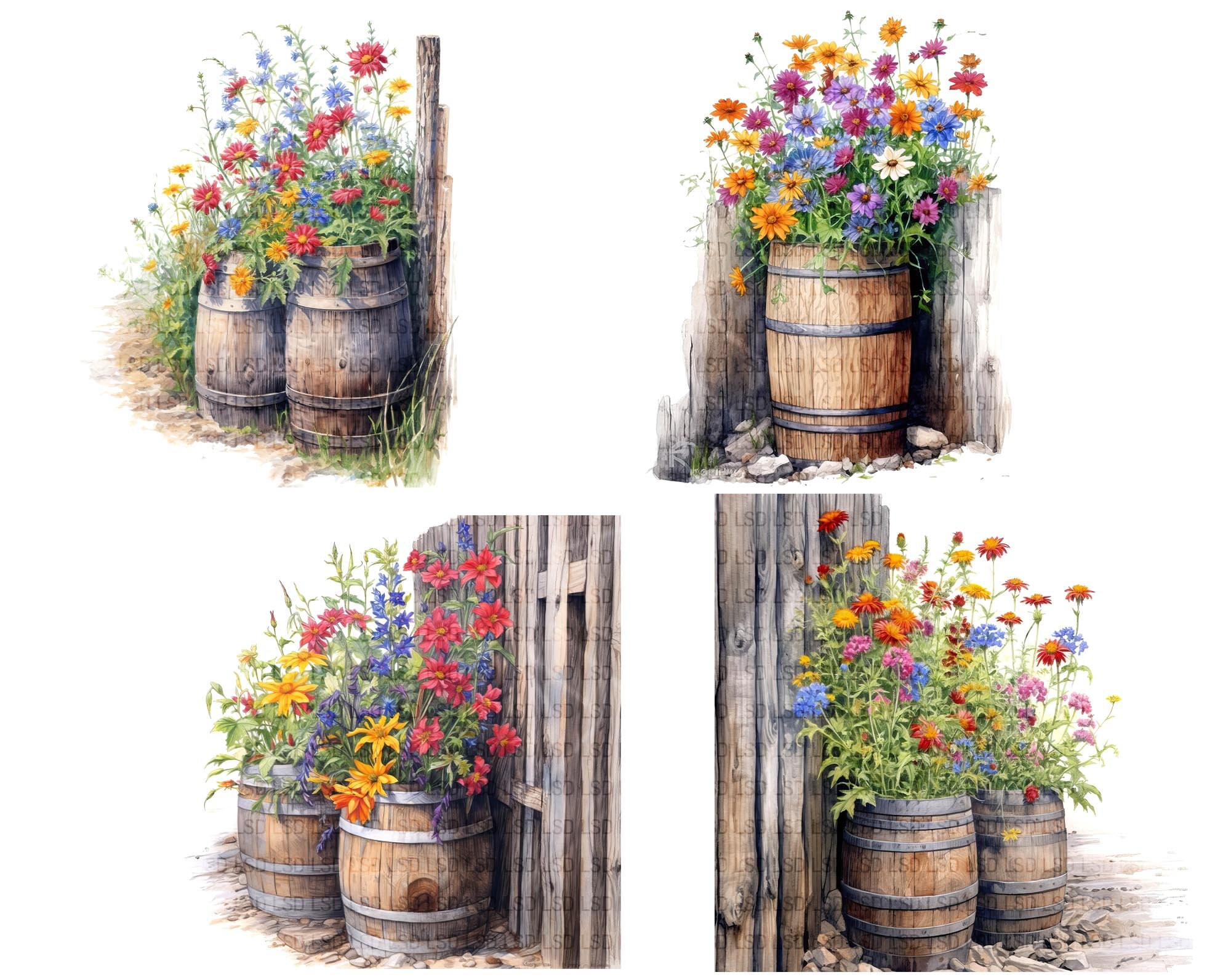 20 Flower Barrel Clipart Bundle Watercolour Wildflower Filled - Etsy