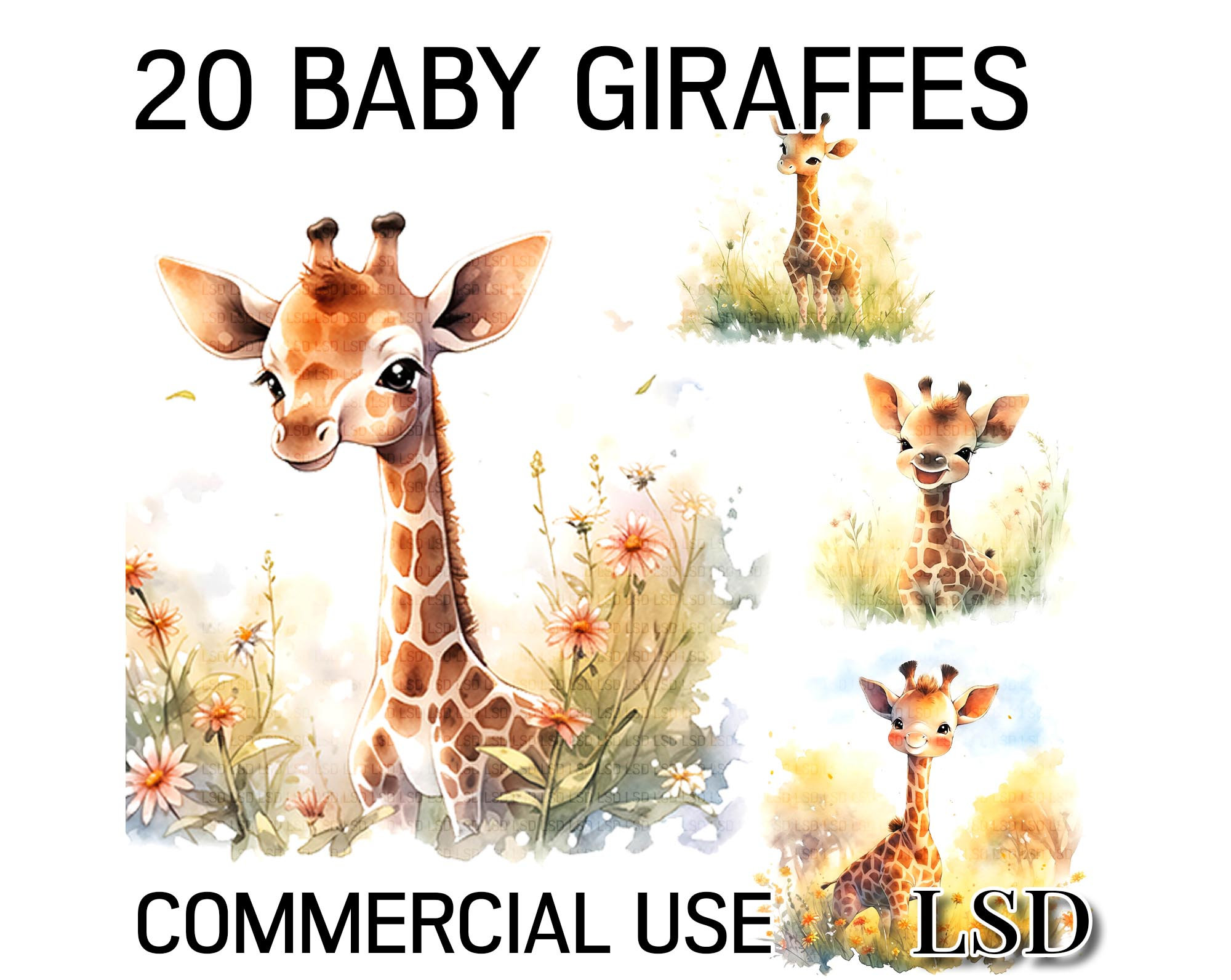 20 Cute Baby Giraffe Digital Clipart Pack, Watercolour Baby Giraffe ...