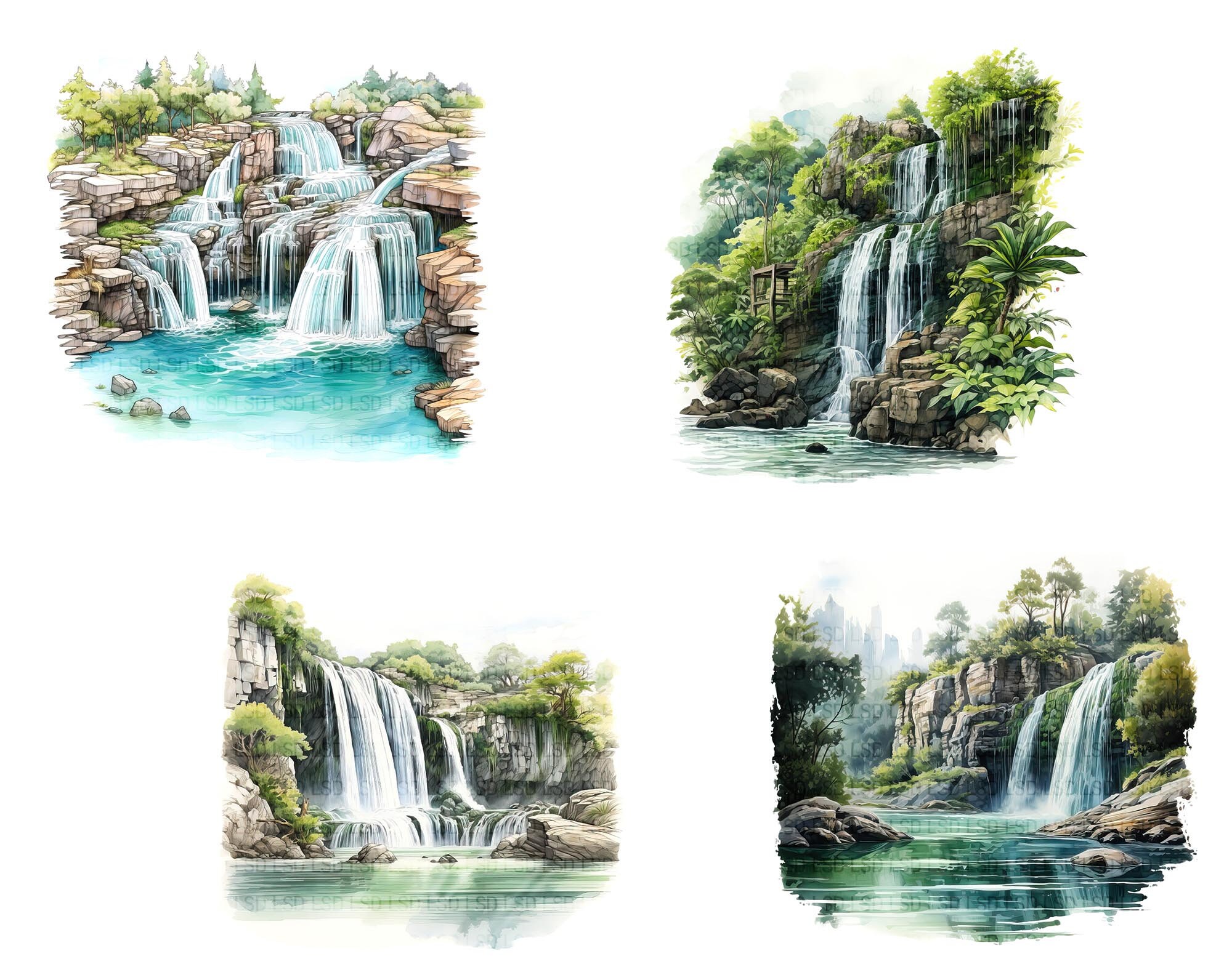20 Watercolour Waterfalls, Clipart Bundle, Tropical Waterfalls and ...