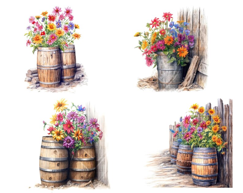 20 Flower Barrel Clipart Bundle Watercolour Wildflower Filled - Etsy