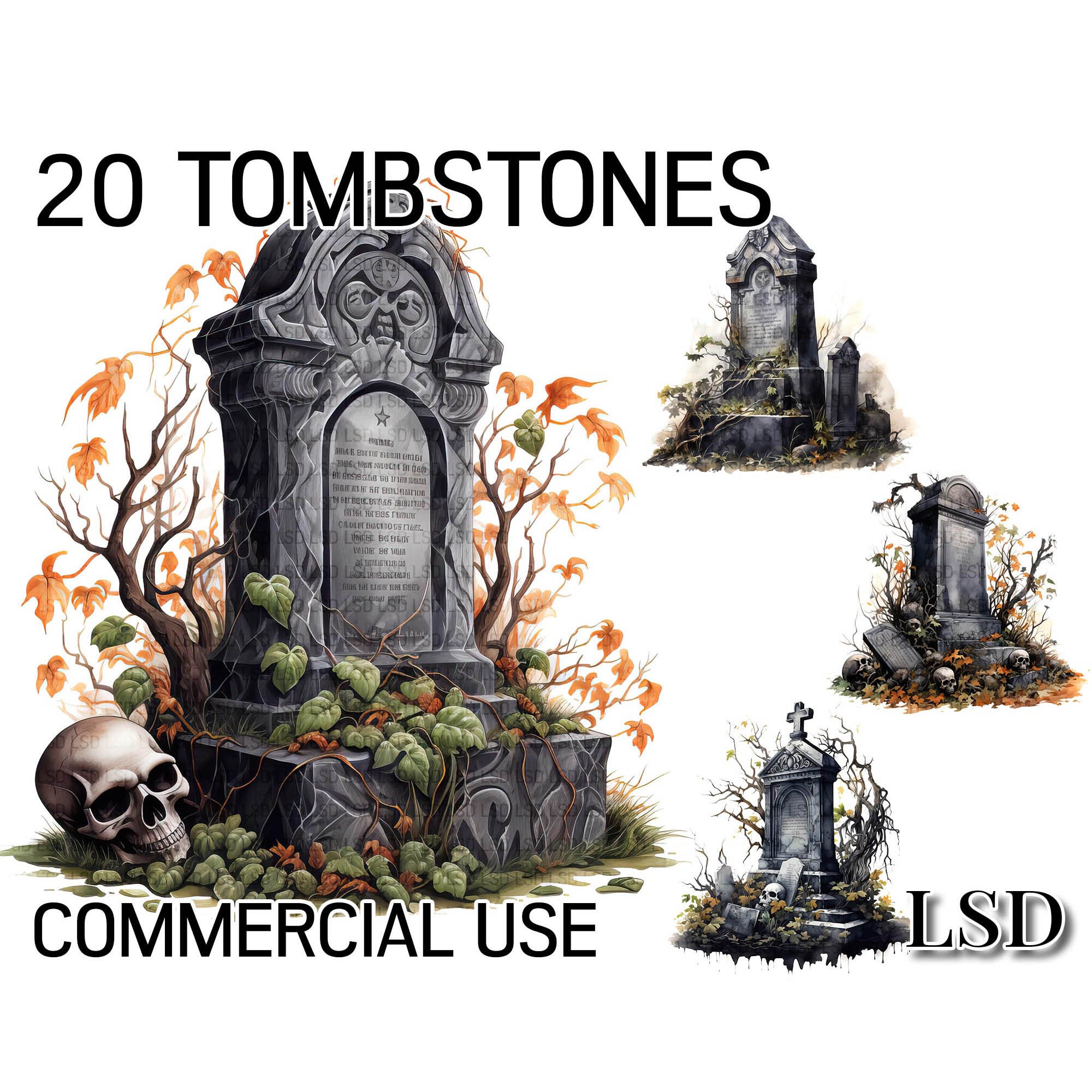 20 Spooky Halloween Tombstones Clipart Pack Watercolour - Etsy