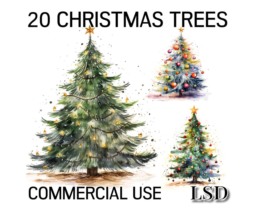 20 Christmas Trees Image Bundle, Decorated Xmas Trees Clipart Bundle ...