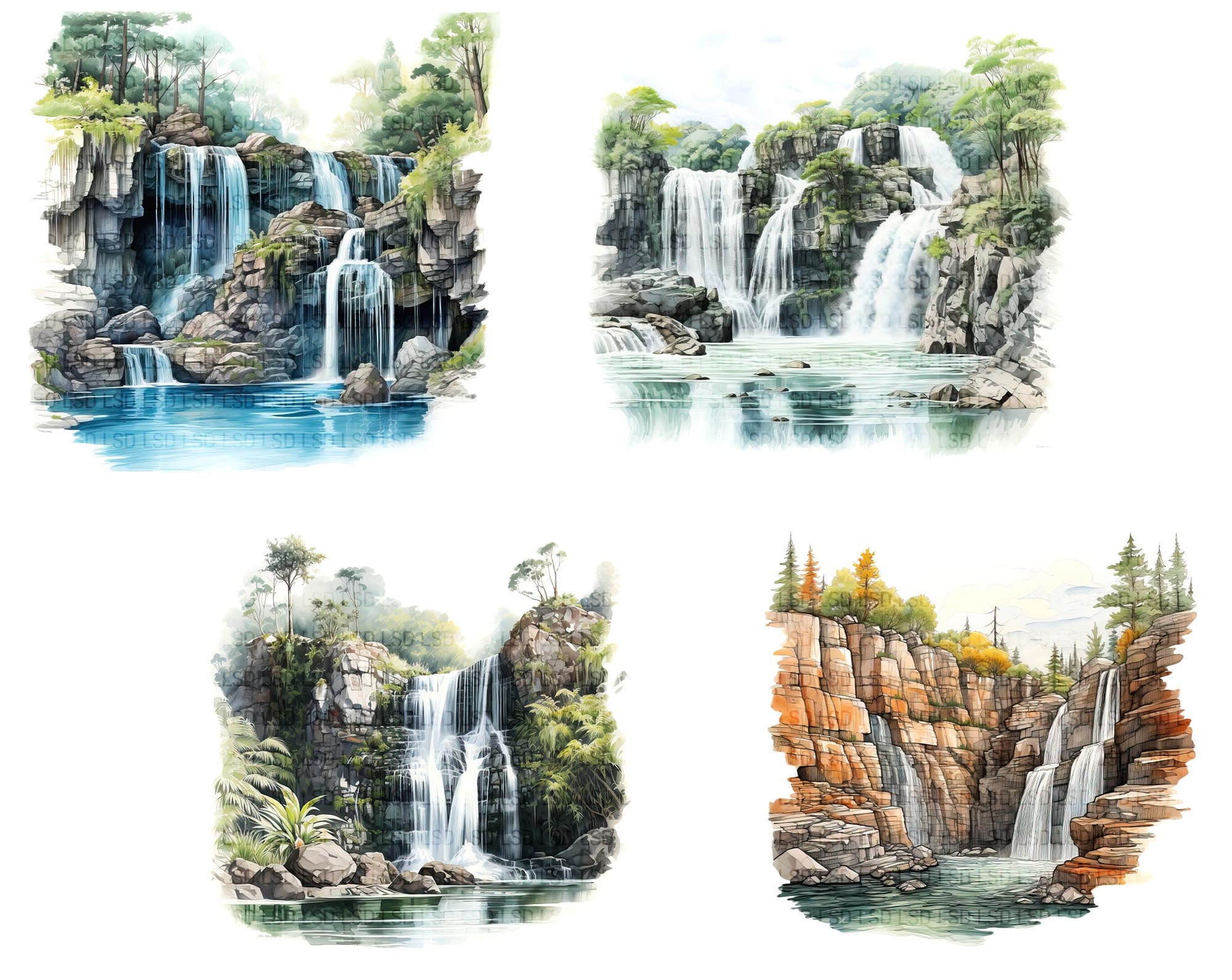 20 Watercolour Waterfalls, Clipart Bundle, Tropical Waterfalls and ...