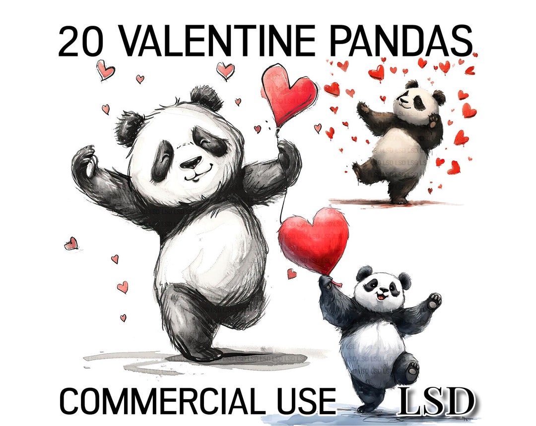 20 Valentine Pandas, Watercolor Clipart Images Bundle, Cute Panda Love ...