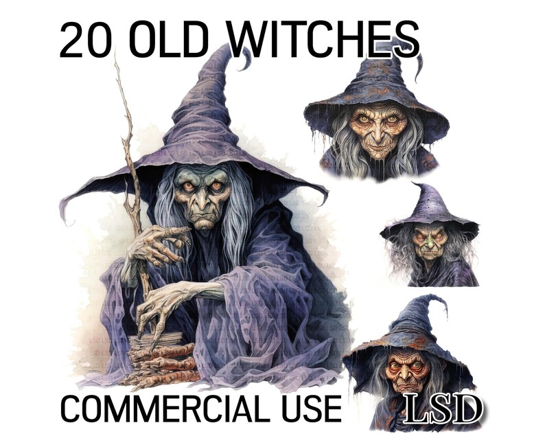 20 Wrinkly Old Witches Images Bundle, Watercolour Ancient Witches ...