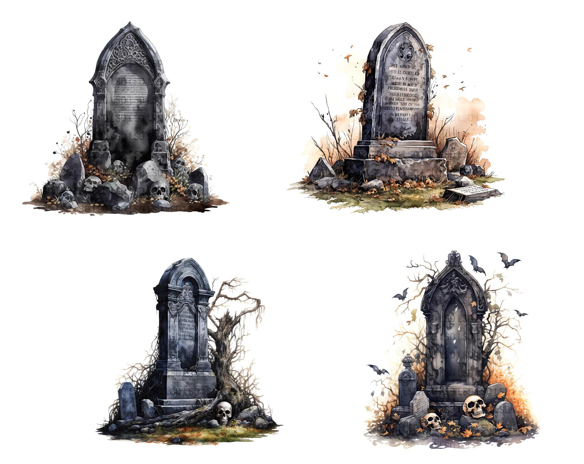 20 Spooky Halloween Tombstones Clipart Pack Watercolour - Etsy