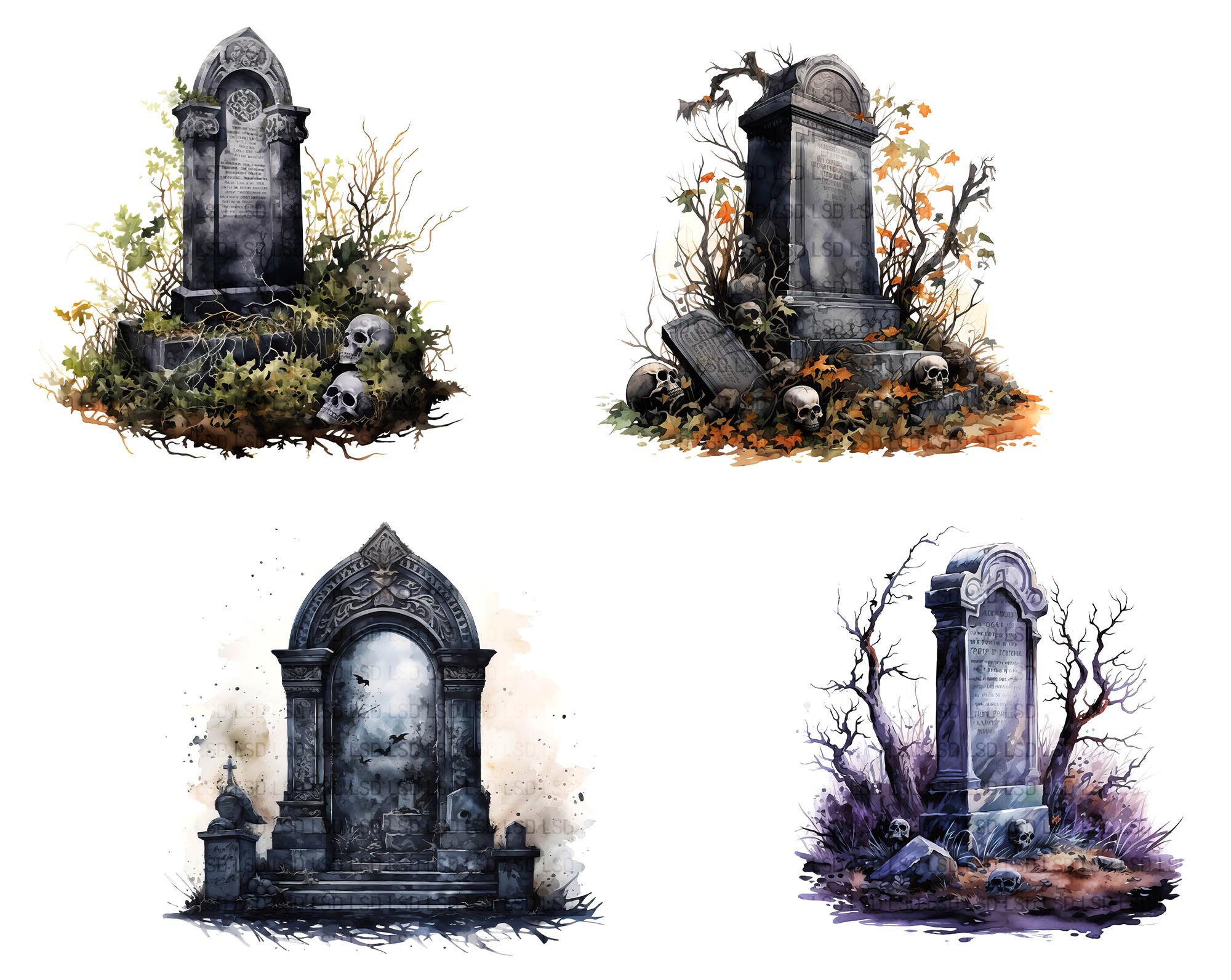 20 Spooky Halloween Tombstones Clipart Pack Watercolour - Etsy