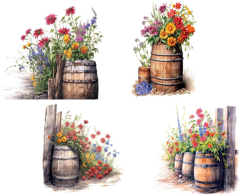 20 Flower Barrel Clipart Bundle Watercolour Wildflower Filled - Etsy