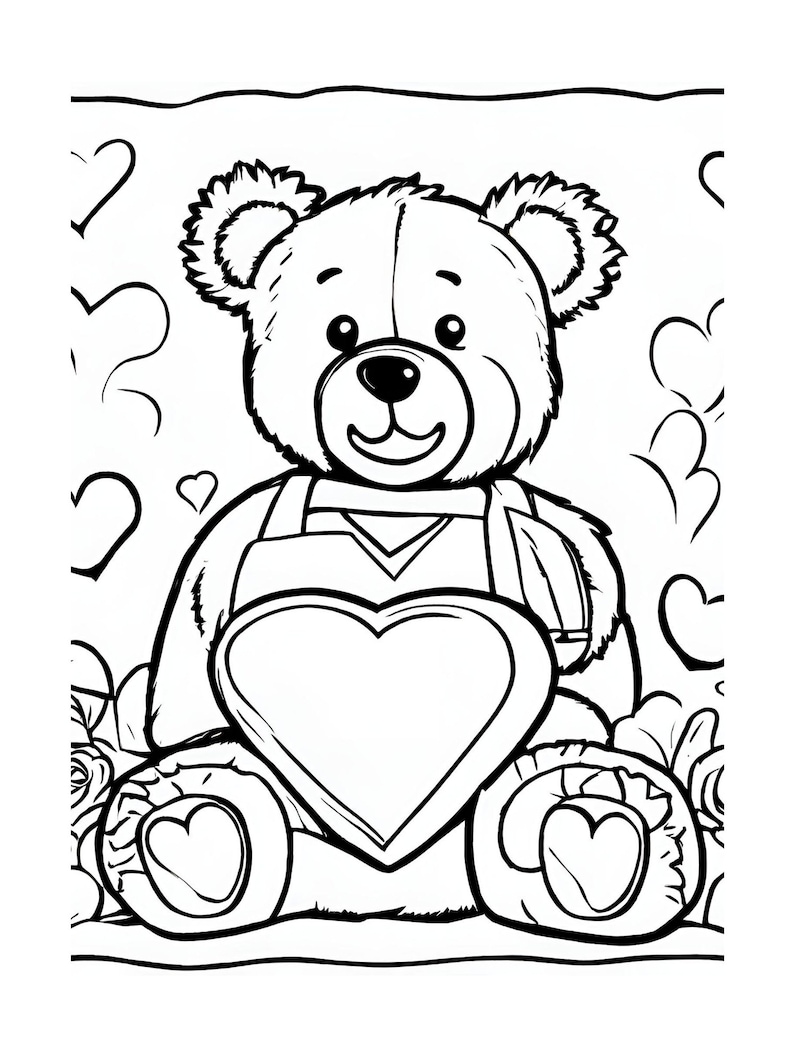 Printable Valentine Bear and Hearts Coloring Worksheet for Preschool ...