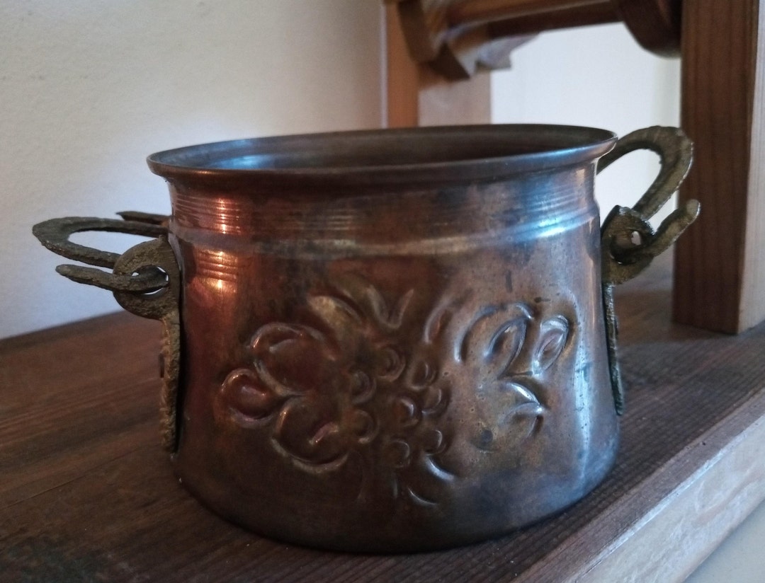 Antique Copper Vessel With Brass Handle and Floral Motif - Etsy