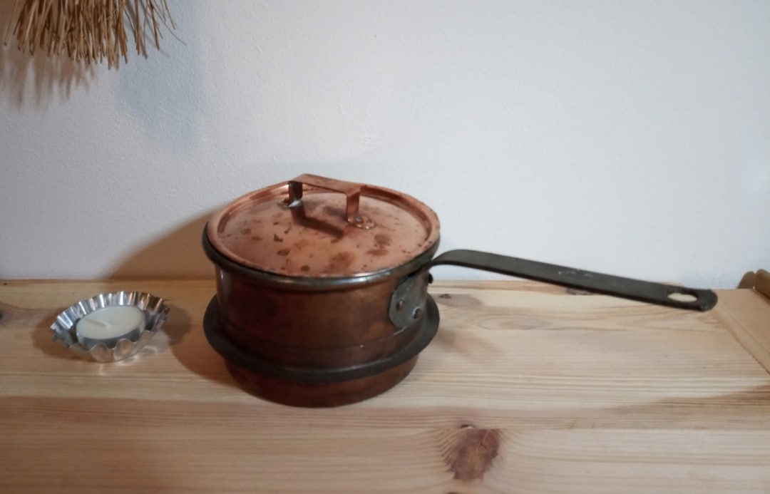 Small Antique Copper Cooking Pot With Forged Iron Handle and Lid ...