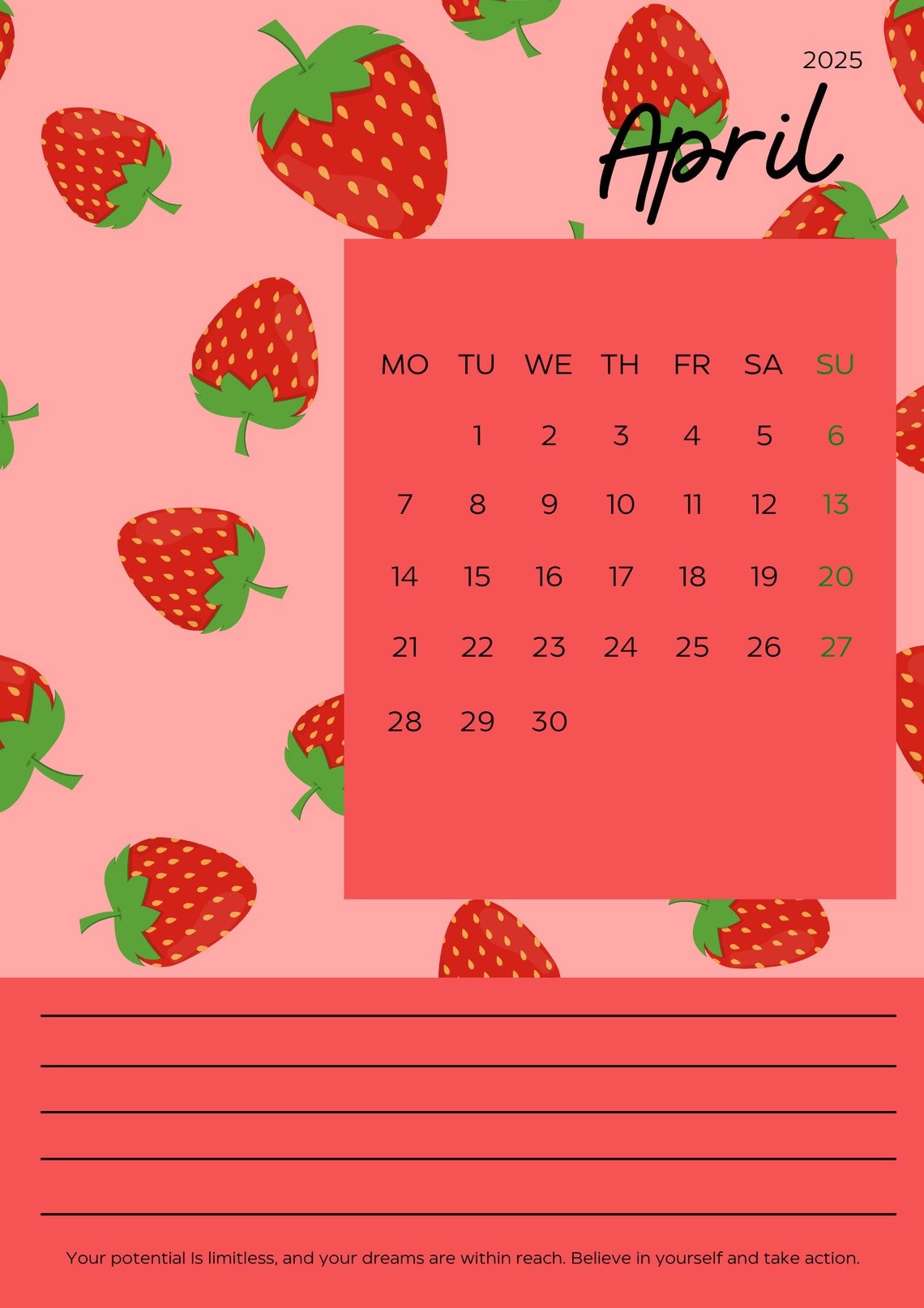 2025 MONTHLY CALENDER: Fruit Themed Monthly Calendar With Notes Section ...