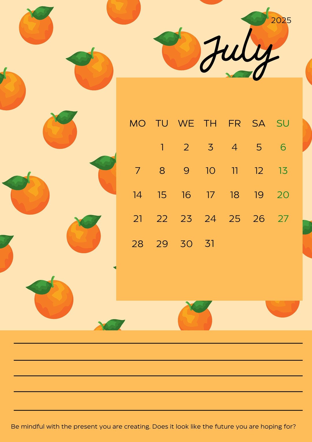 2025 MONTHLY CALENDER: Fruit Themed Monthly Calendar With Notes Section ...