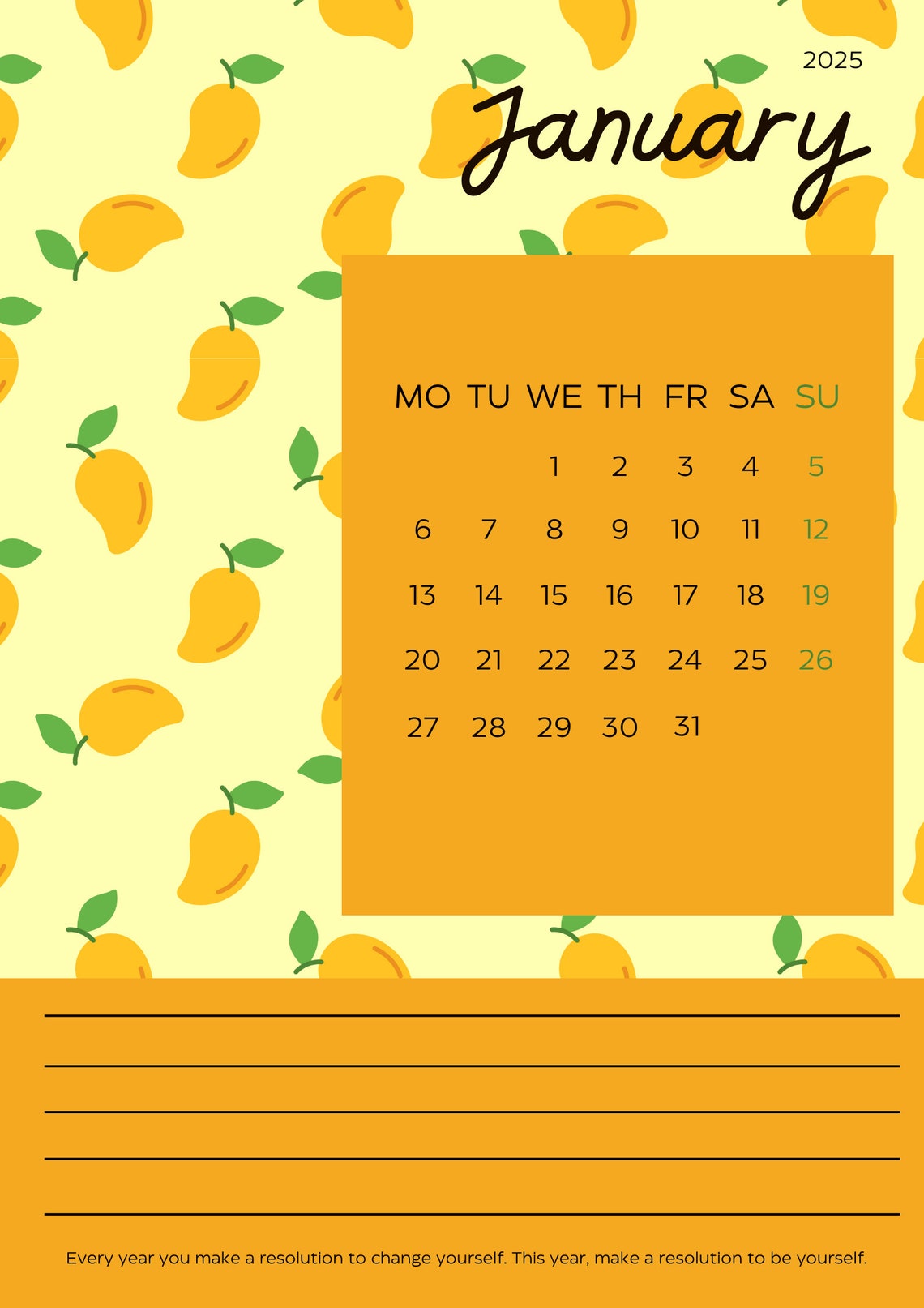 2025 MONTHLY CALENDER: Fruit Themed Monthly Calendar With Notes Section ...