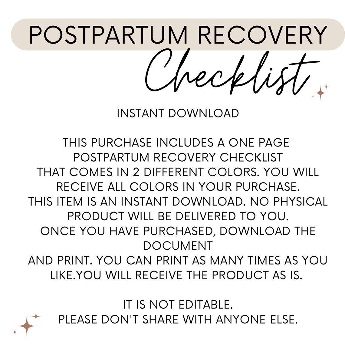 Postpartum Recovery Checklist Printable Postpartum Checklist Instant Download PDF New Baby ...