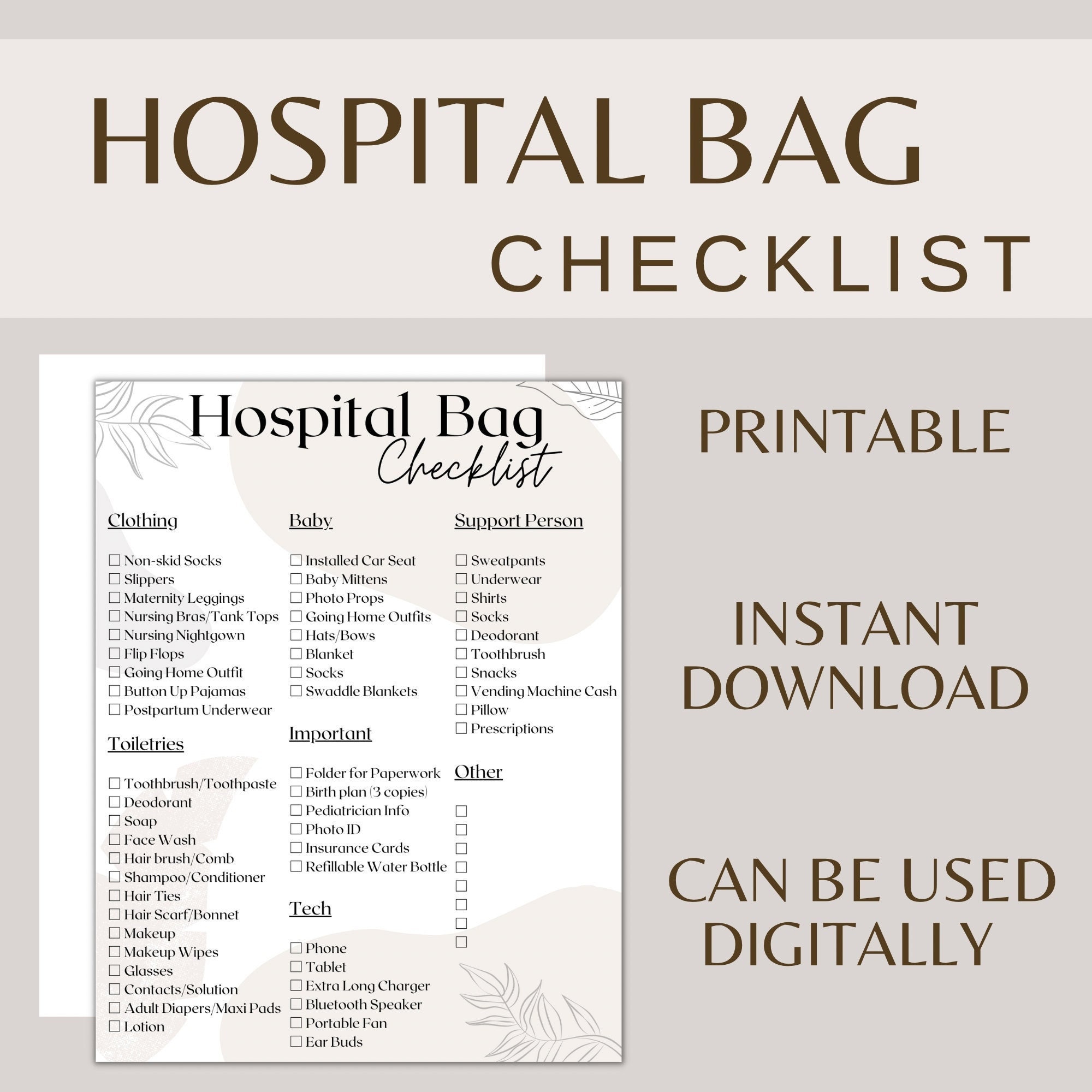 Hospital Bag Printable Checklist Birth Bag Checklist Hospital Bag ...