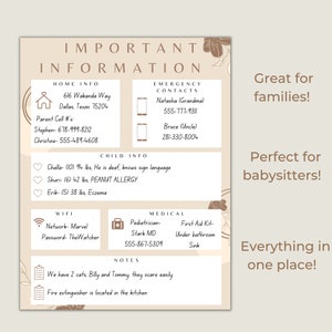 Important Information Sheet Emergency Information Sheet Babysitters Information Family ...