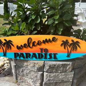 Surfboard Welcome to Paradise Wood Sign - Etsy