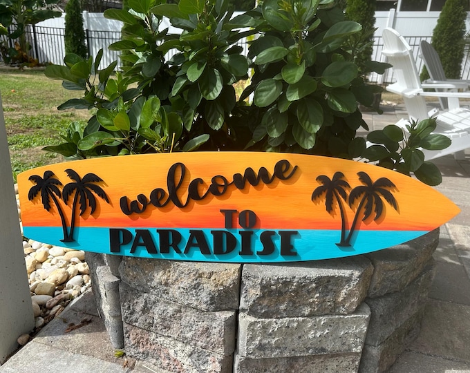 Surfboard Welcome to Paradise Wood Sign - Etsy