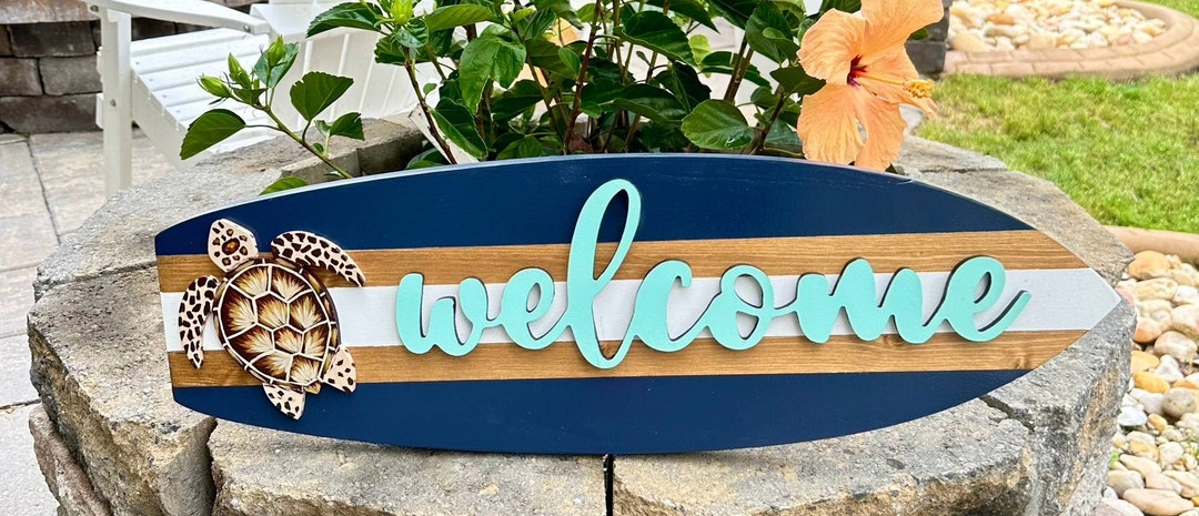 Surfboard Welcome Sign With Hand Painted Sea Turtle - Etsy
