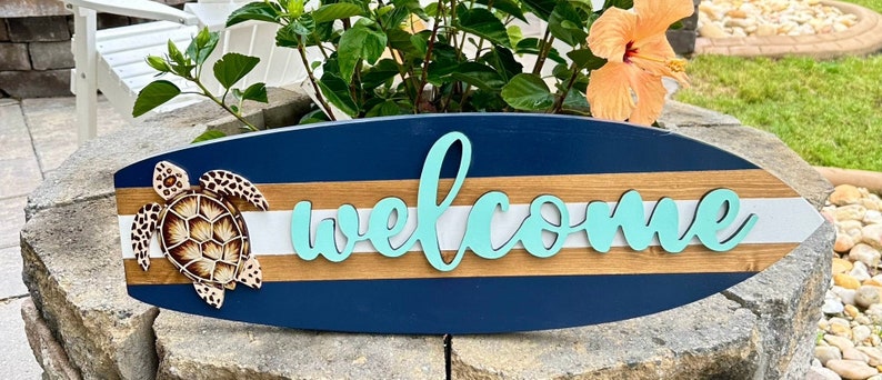 Surfboard Welcome Sign With Hand Painted Sea Turtle - Etsy