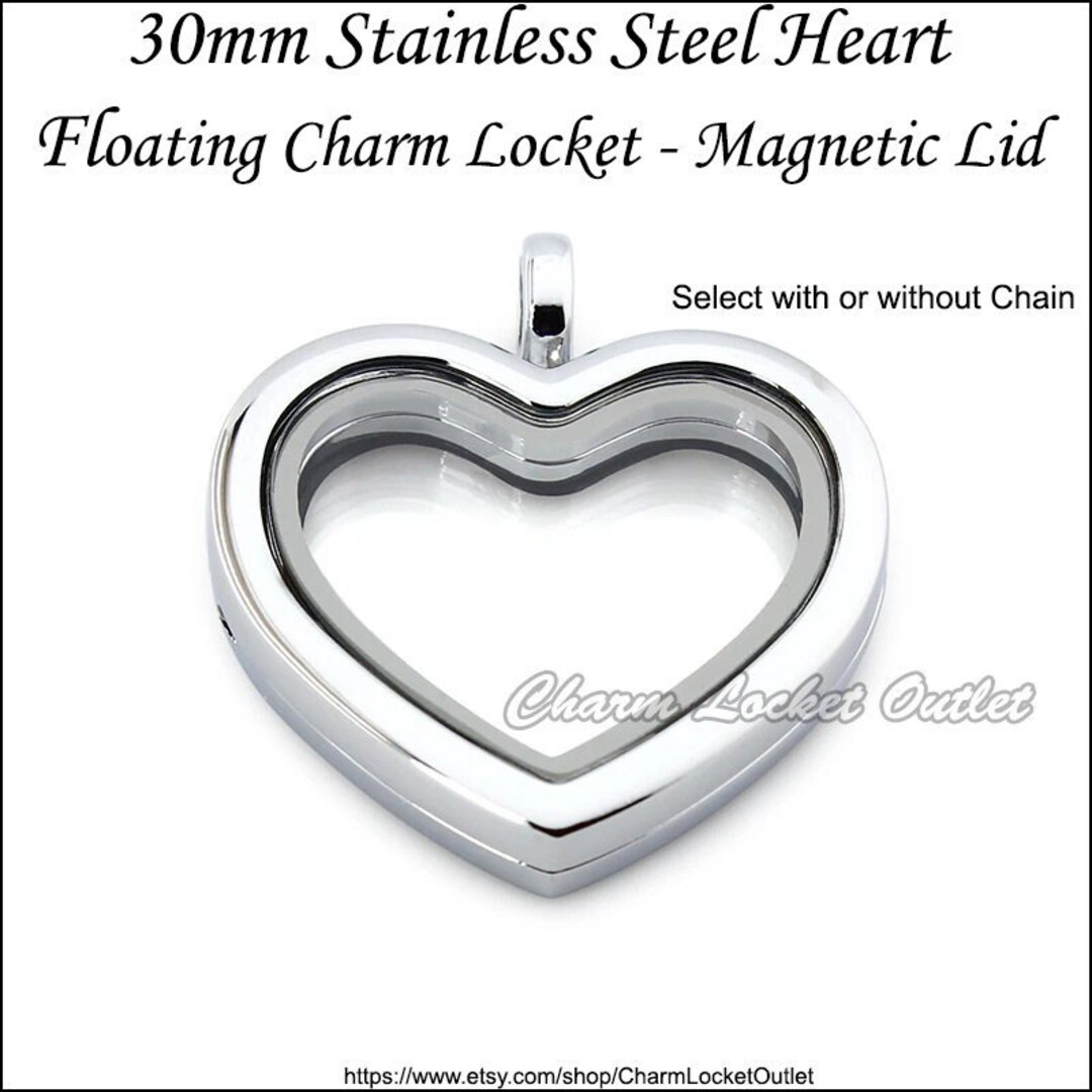 Heart Stainless Steel Charm Locket, 30mm Glass Living Memory Pendant ...