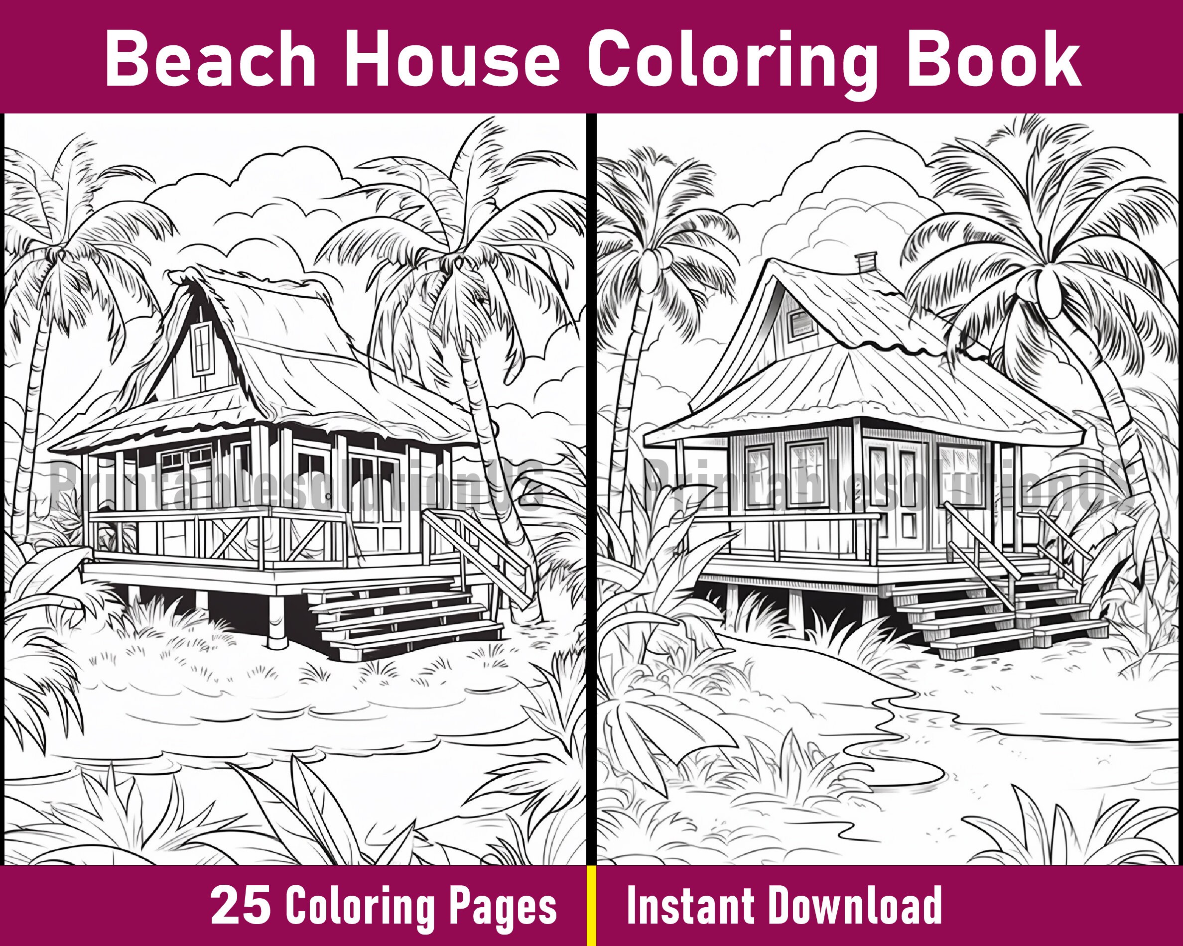 Beach House Coloring Book | 25 Printable Cottage Pages (PDF Download ...