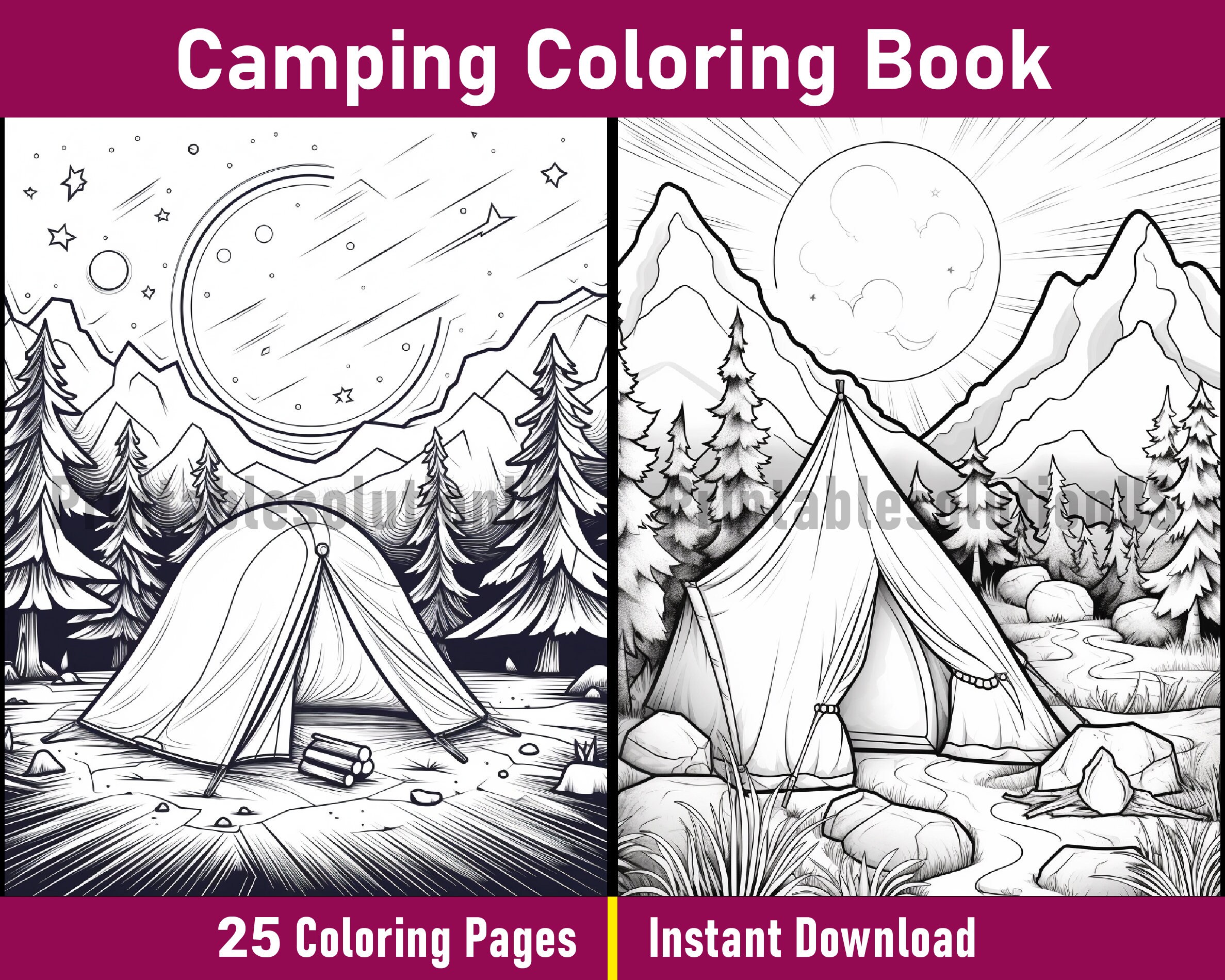 Camping Coloring Book | Printable Summer Coloring Pages | Grayscale ...