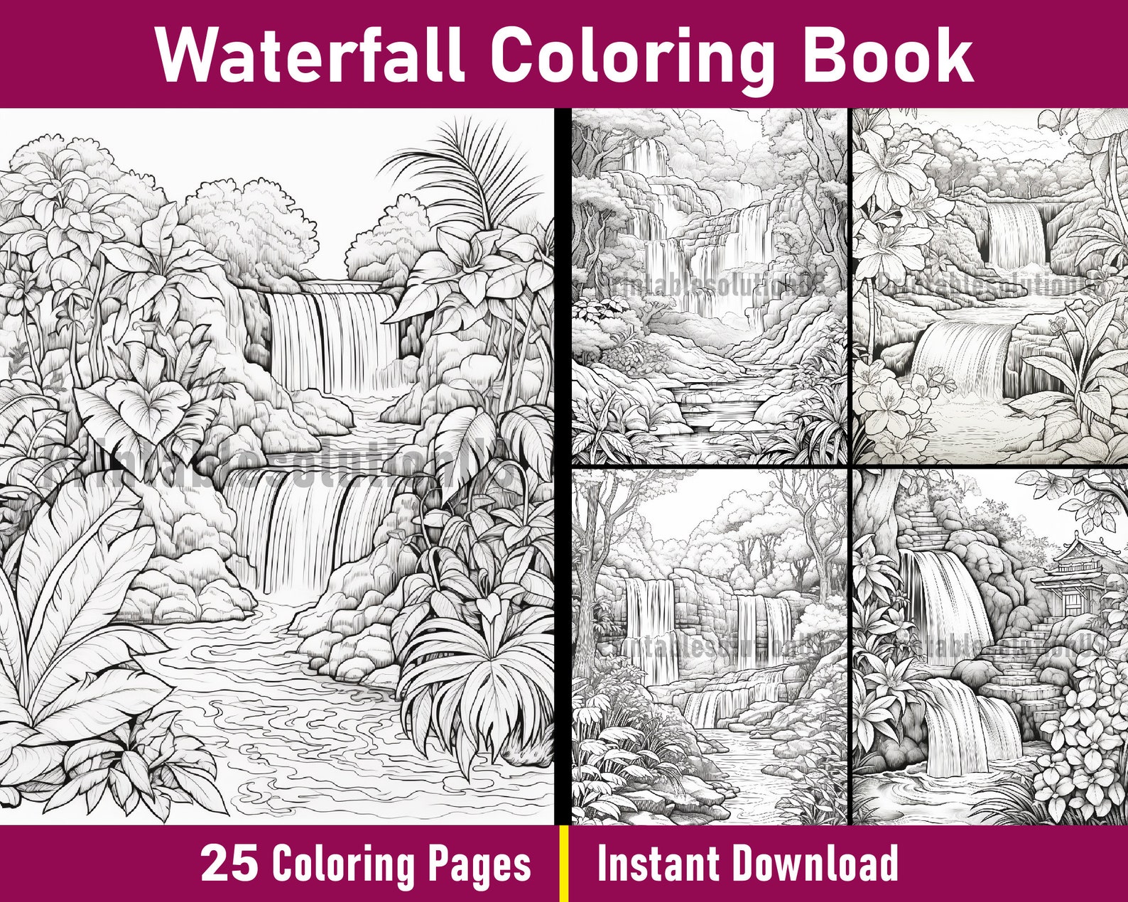 Waterfall Coloring Book V-3 | Printable Nature Coloring Pages | Black ...