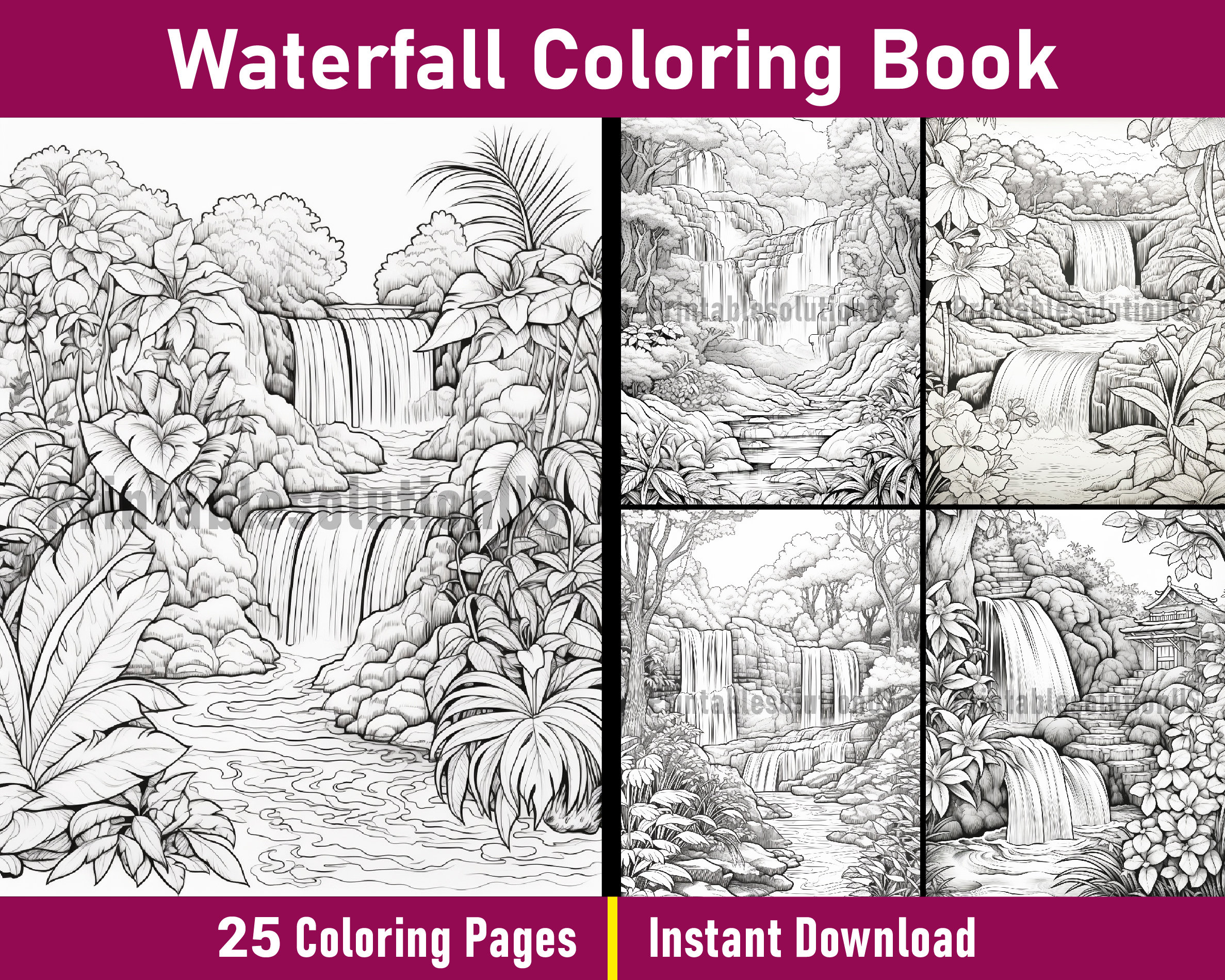 Waterfall Coloring Book V-3 | Printable Nature Coloring Pages | Black ...
