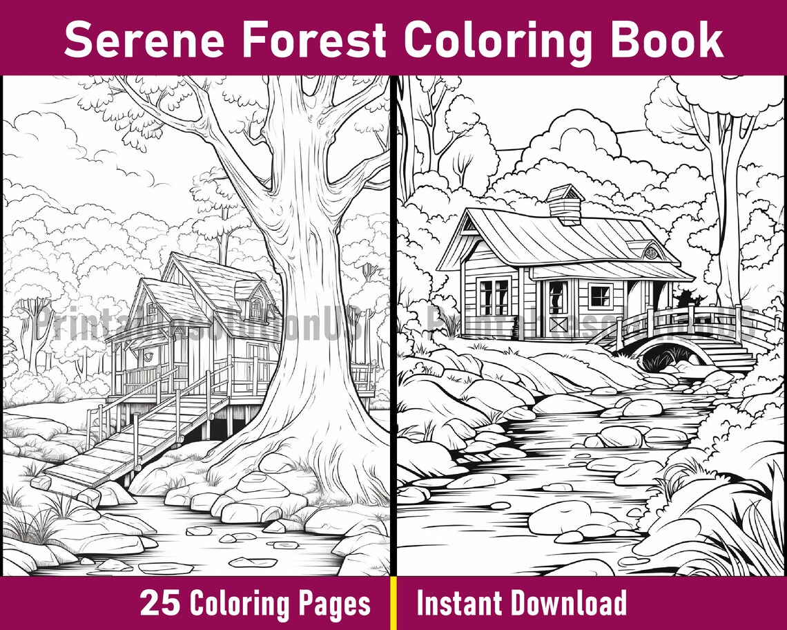 Serene Forest Coloring Book Printable Forest House Coloring Pages Black ...