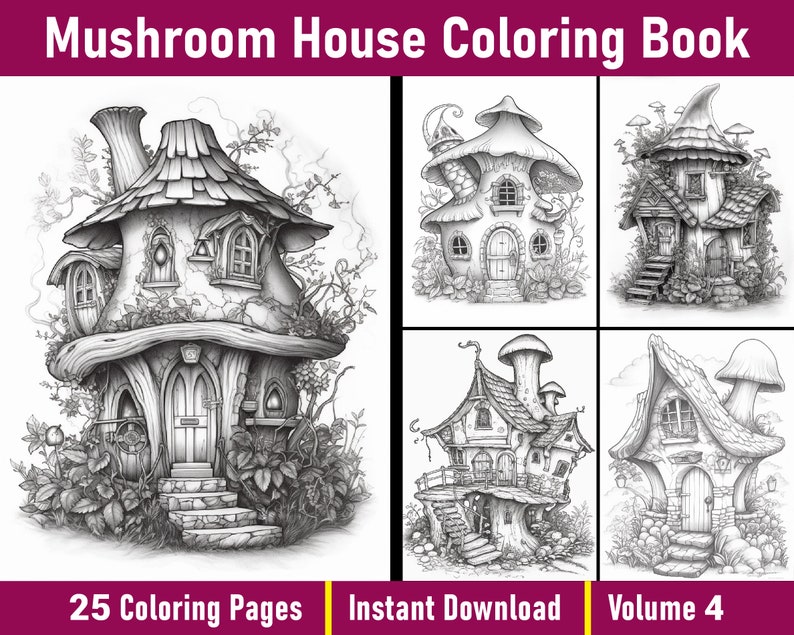 Mushroom House Coloring Pages Volume 4 Magical Mushroom - Etsy
