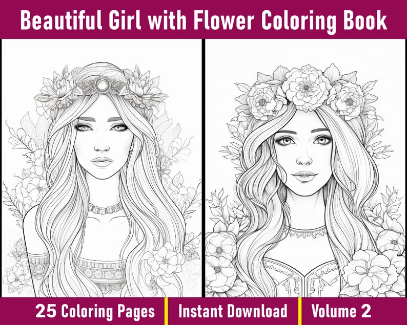 Beautiful Girl With Flower Coloring Book V-2 Cute Girl Coloring Pages ...
