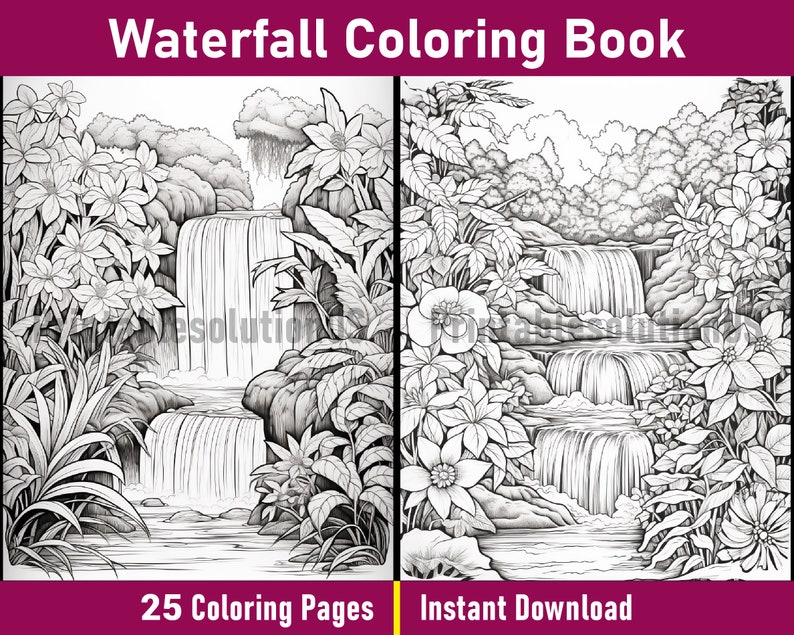 Waterfall Coloring Book V-3 | Printable Nature Coloring Pages | Black ...
