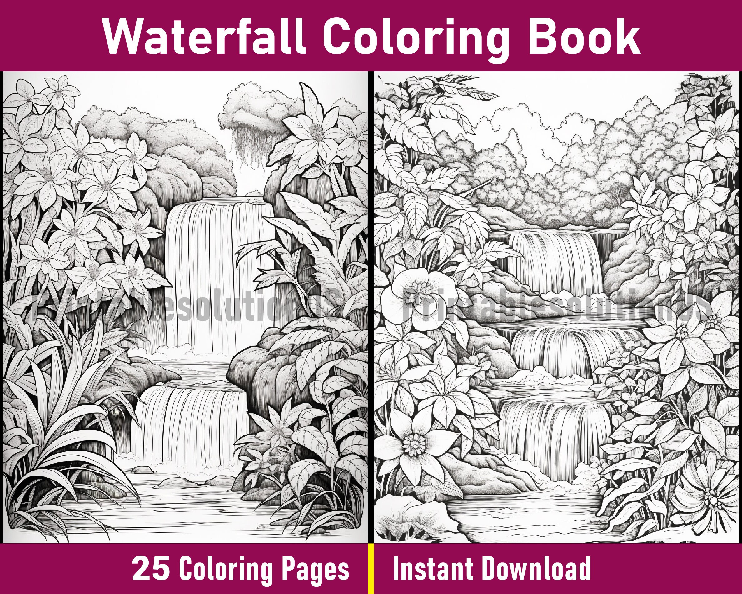 Waterfall Coloring Book V-3 | Printable Nature Coloring Pages | Black ...